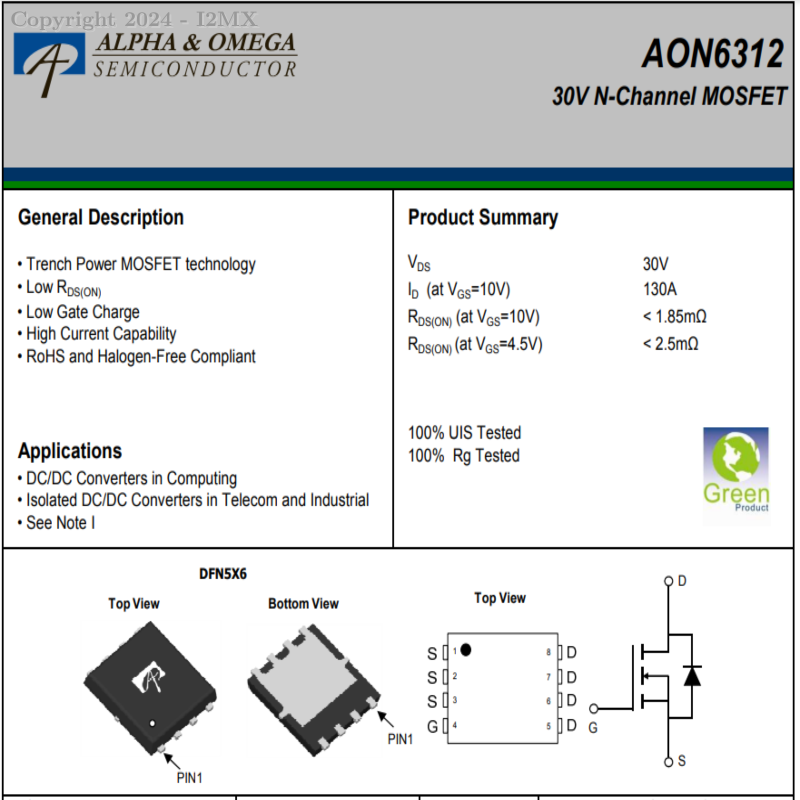 IMS080 - AON6312 30V 130A N-CHANNEL MOSFET MARK 6312 DFN5X6